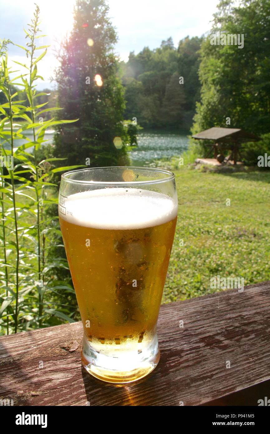 Cold beer on a wooden fence with lake, grass and trees in the ...