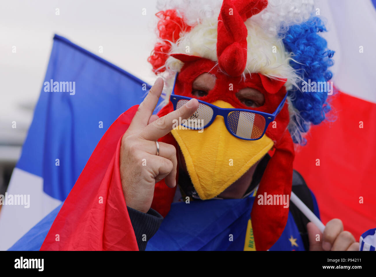 St. Petersburg, Russia - July 10, 2018: French football fan as rooster ...