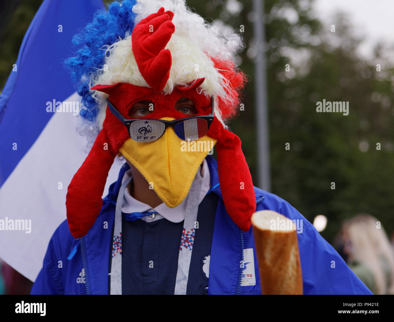 St. Petersburg, Russia - July 10, 2018: French football fan as rooster ...