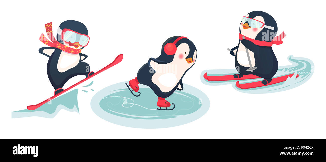 Active penguins in winter. Winter sports illustration. Set Stock Photo ...