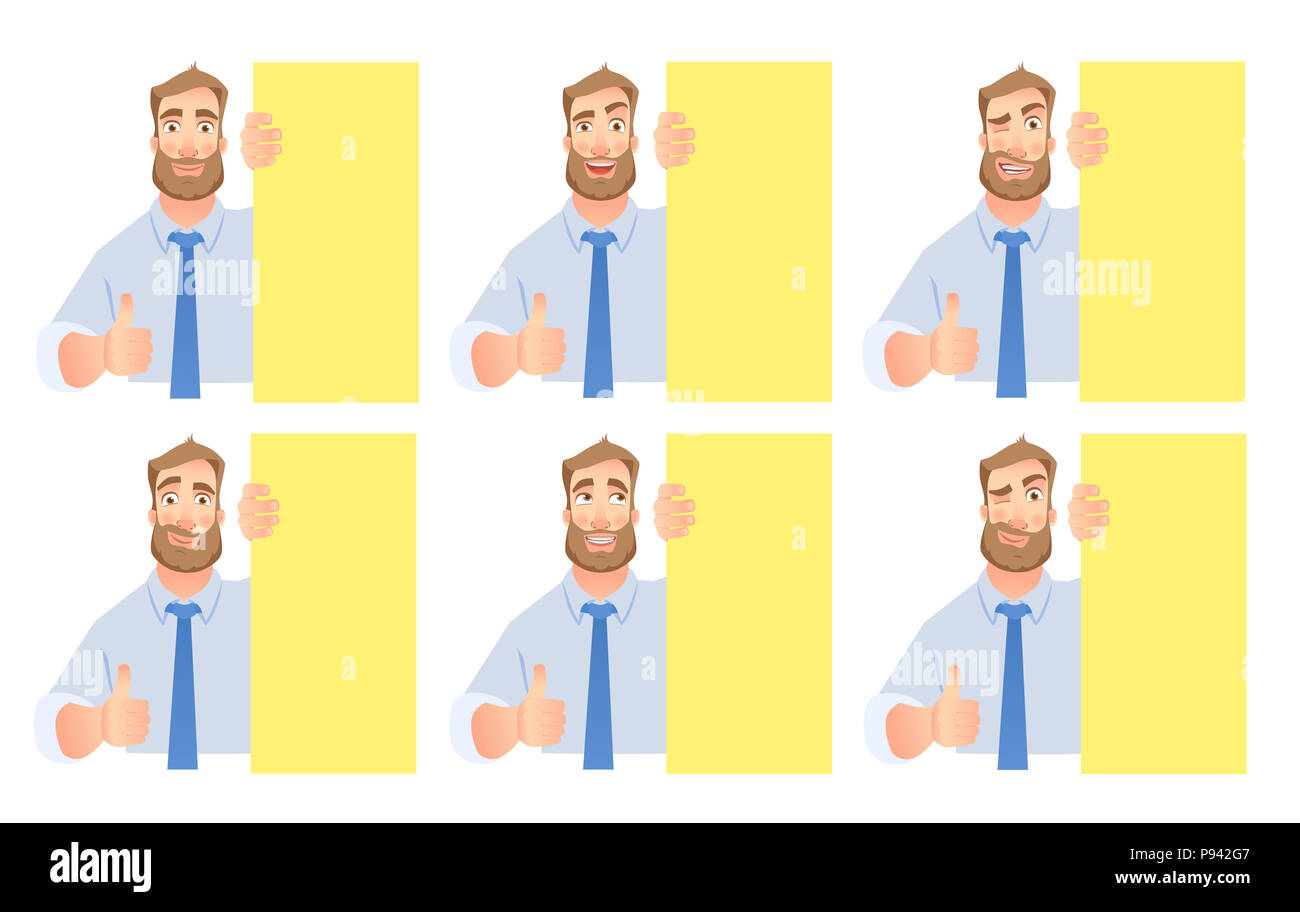 Businessman holding blank signboard illustration set. Man holding blank ...