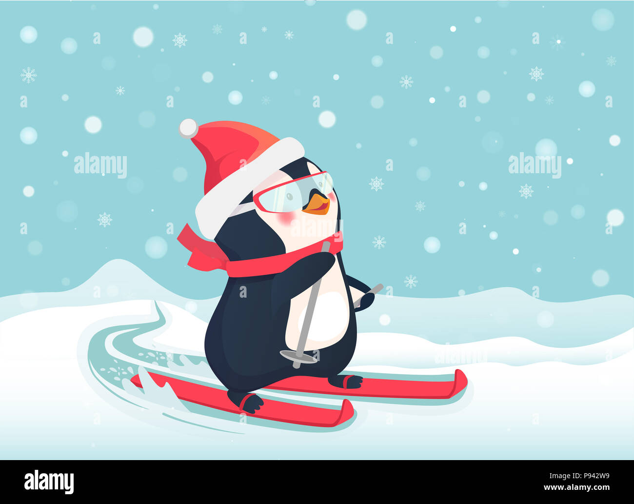 Penguin riding on skis on snow. Penguin cartoon illustration Stock ...