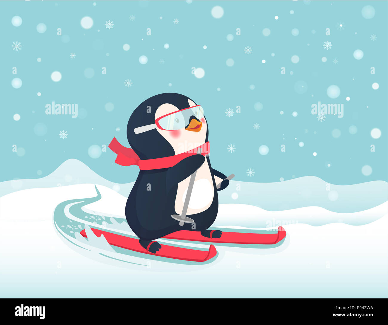 Penguin riding on skis on snow. Penguin cartoon illustration Stock ...