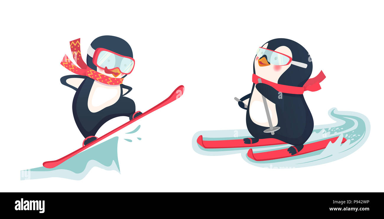 Penguin snowboarder at jump. Penguin riding on skis on snow. Winter ...
