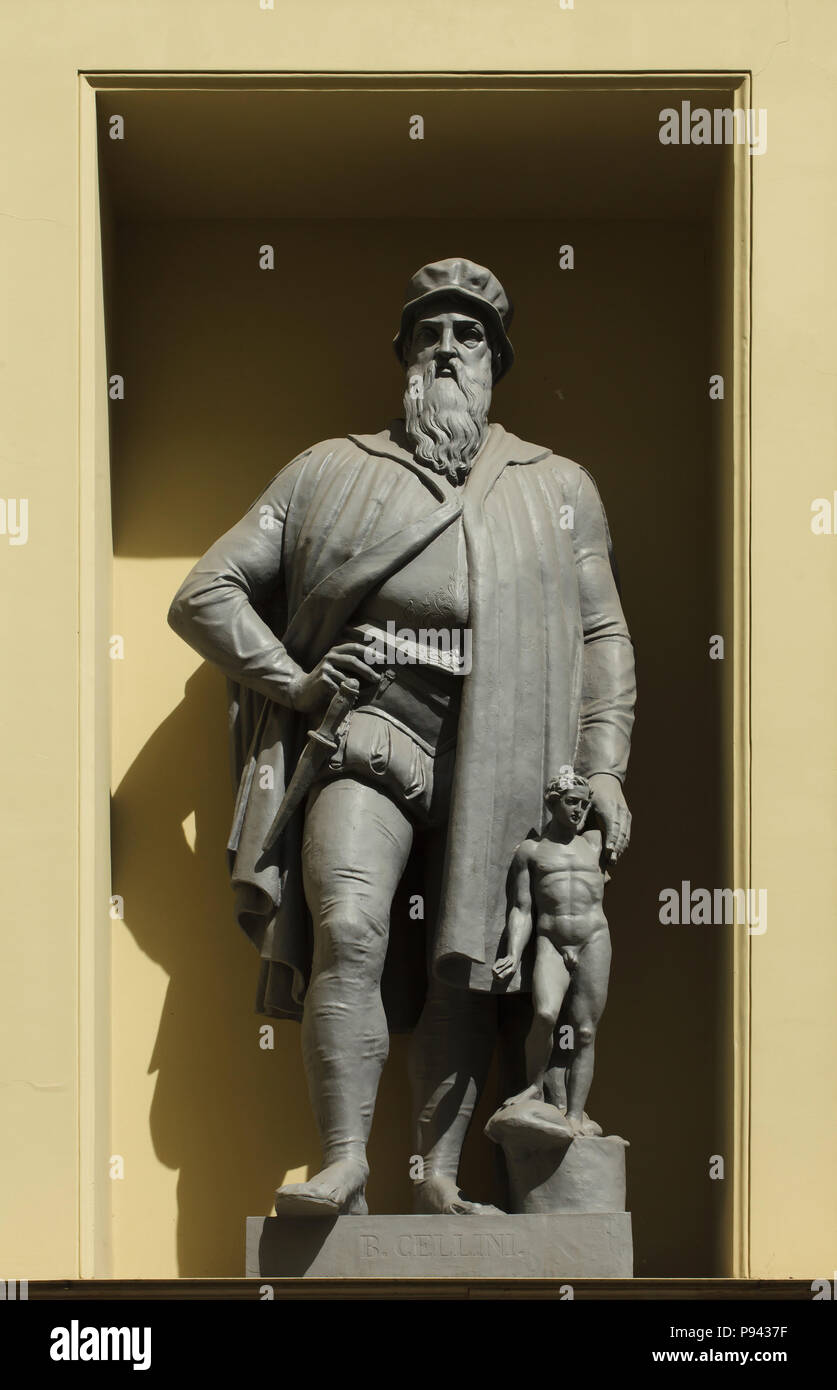 Italian Mannerist sculptor and goldsmith Benvenuto Cellini. Statue on ...