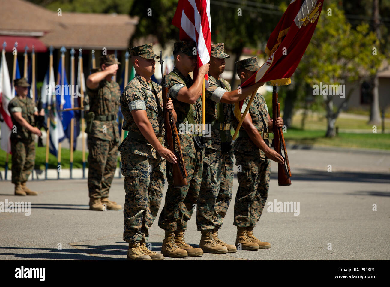 U.S. Marines with the 1st Marine Division stand in formation during a ...