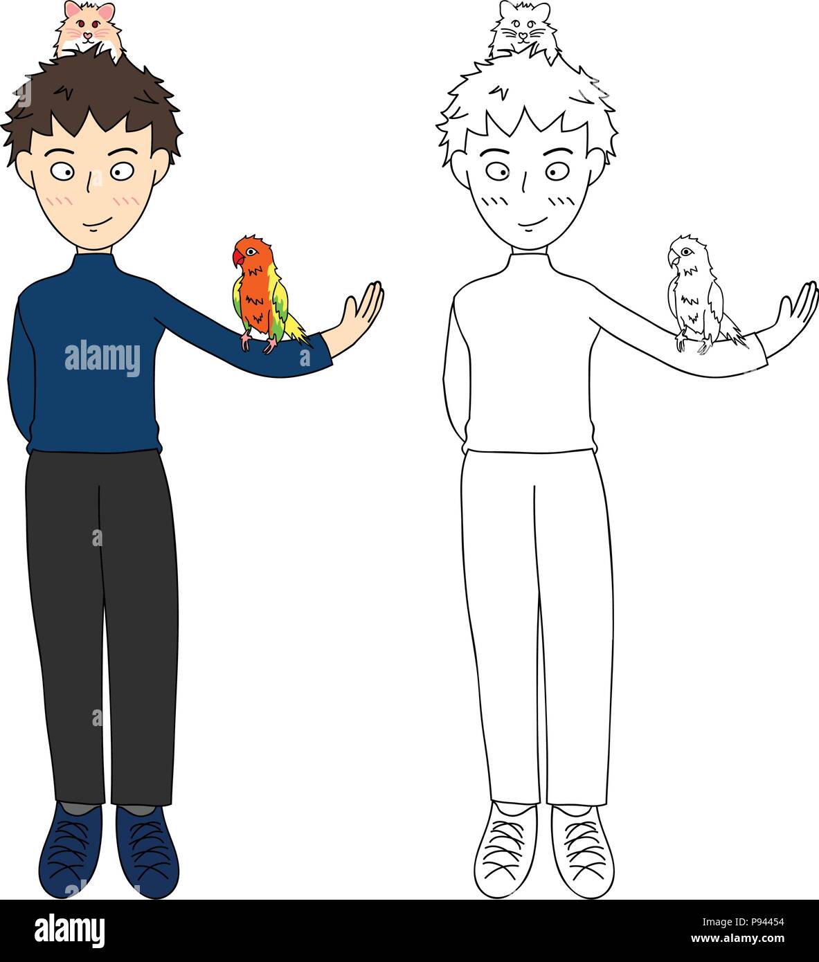 Boy with Colorful Parrot and Hamster. Vector Illustration. isolated on ...