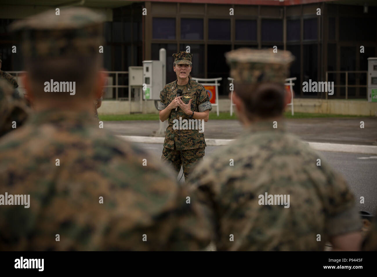 Col. Maria McMillen gives a speech during formation at Camp Foster ...