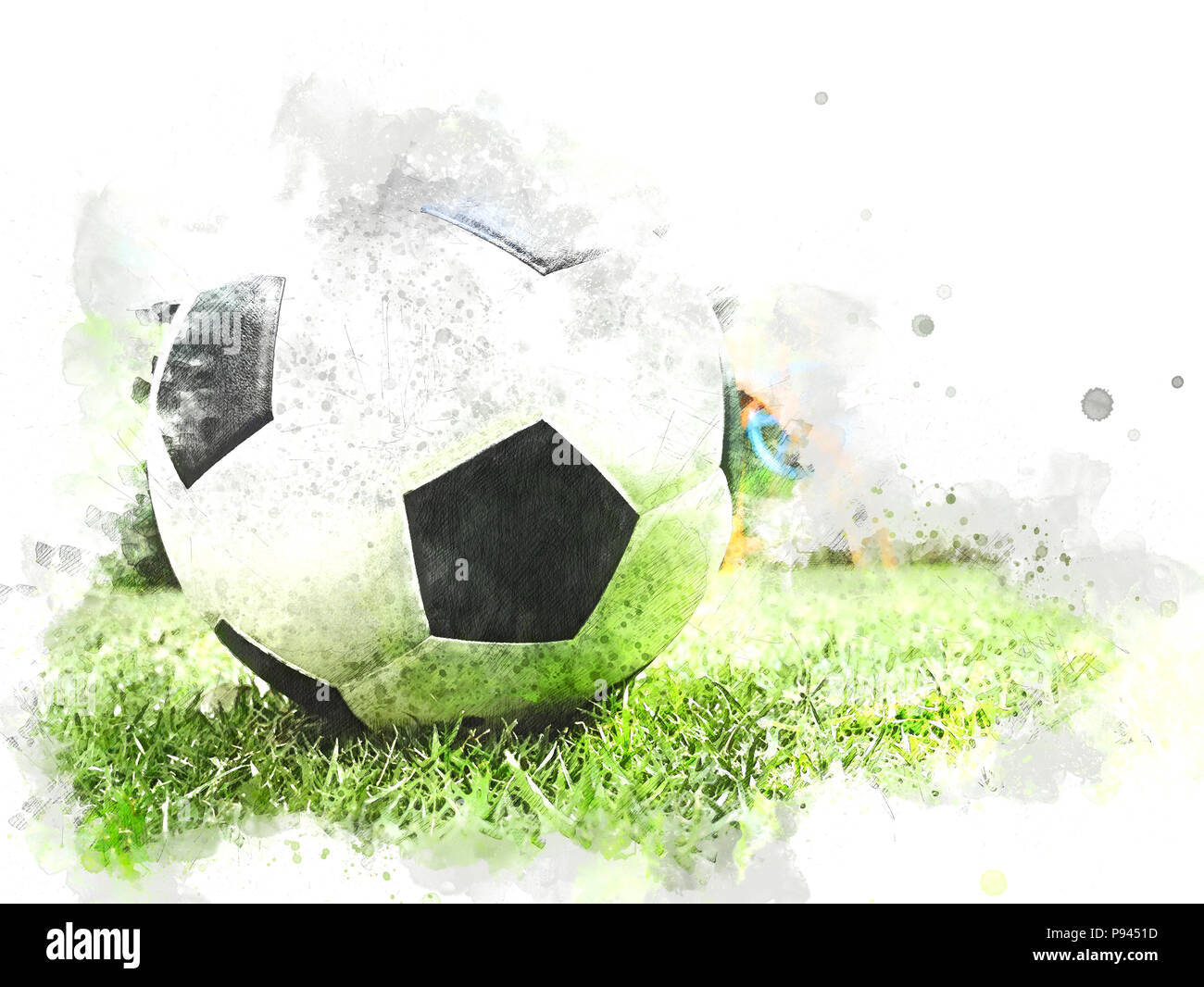 Abstract colorful football on green grass on watercolor illustration ...