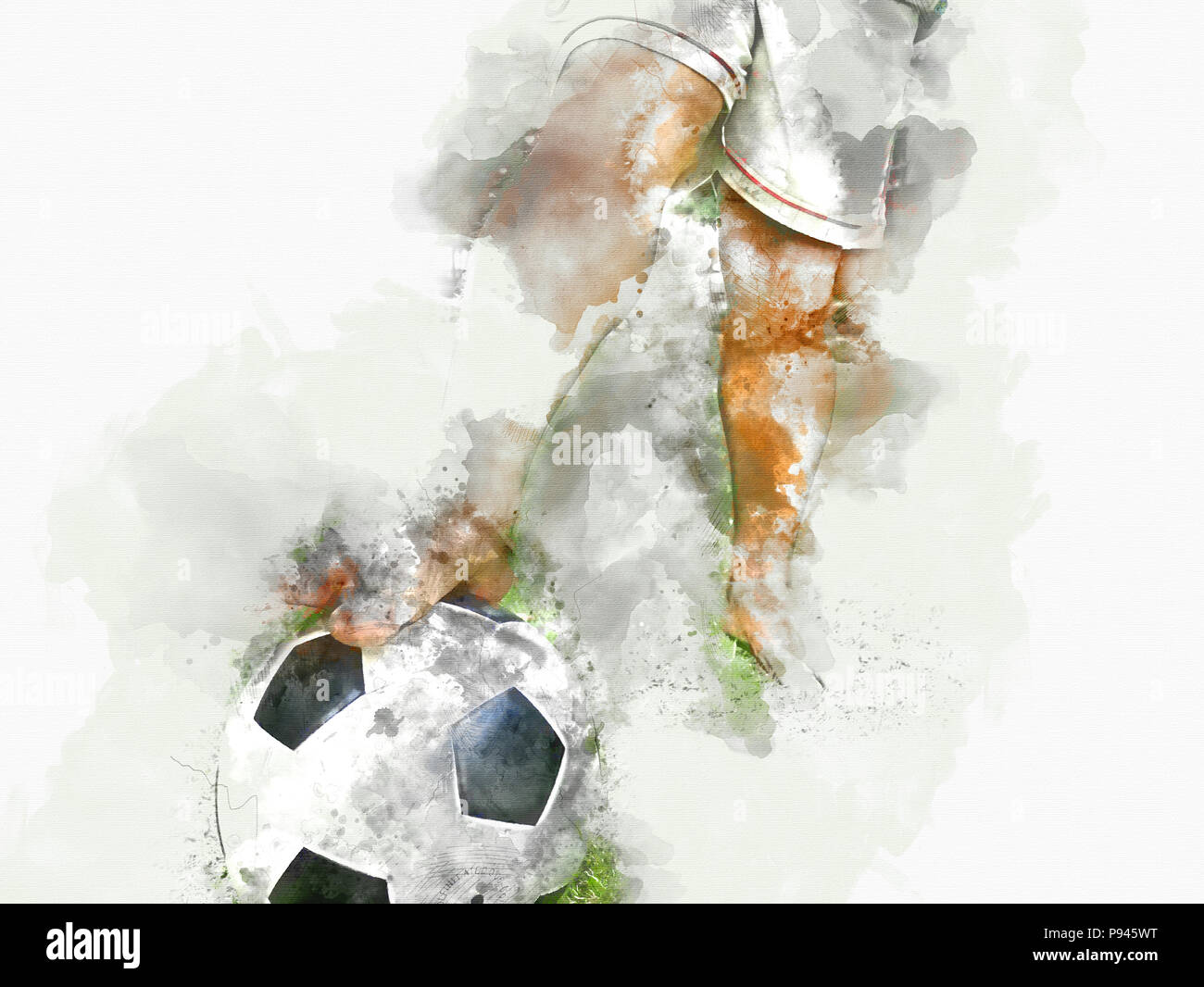 Abstract colorful football player and ball on watercolor painting ...