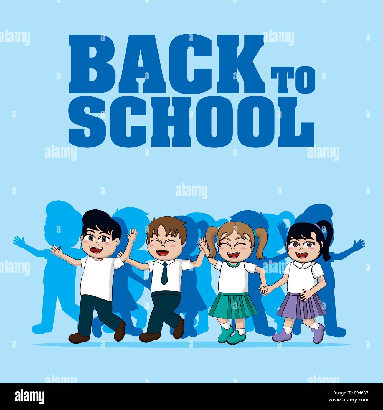 Cute happy kids students cartoons back to school vector illustration ...