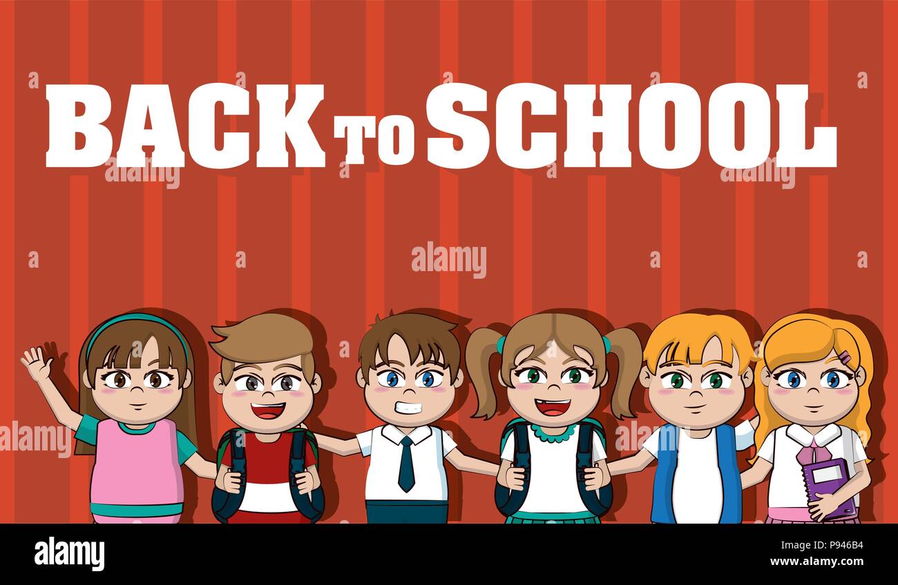Cute happy kids students cartoons back to school vector illustration ...