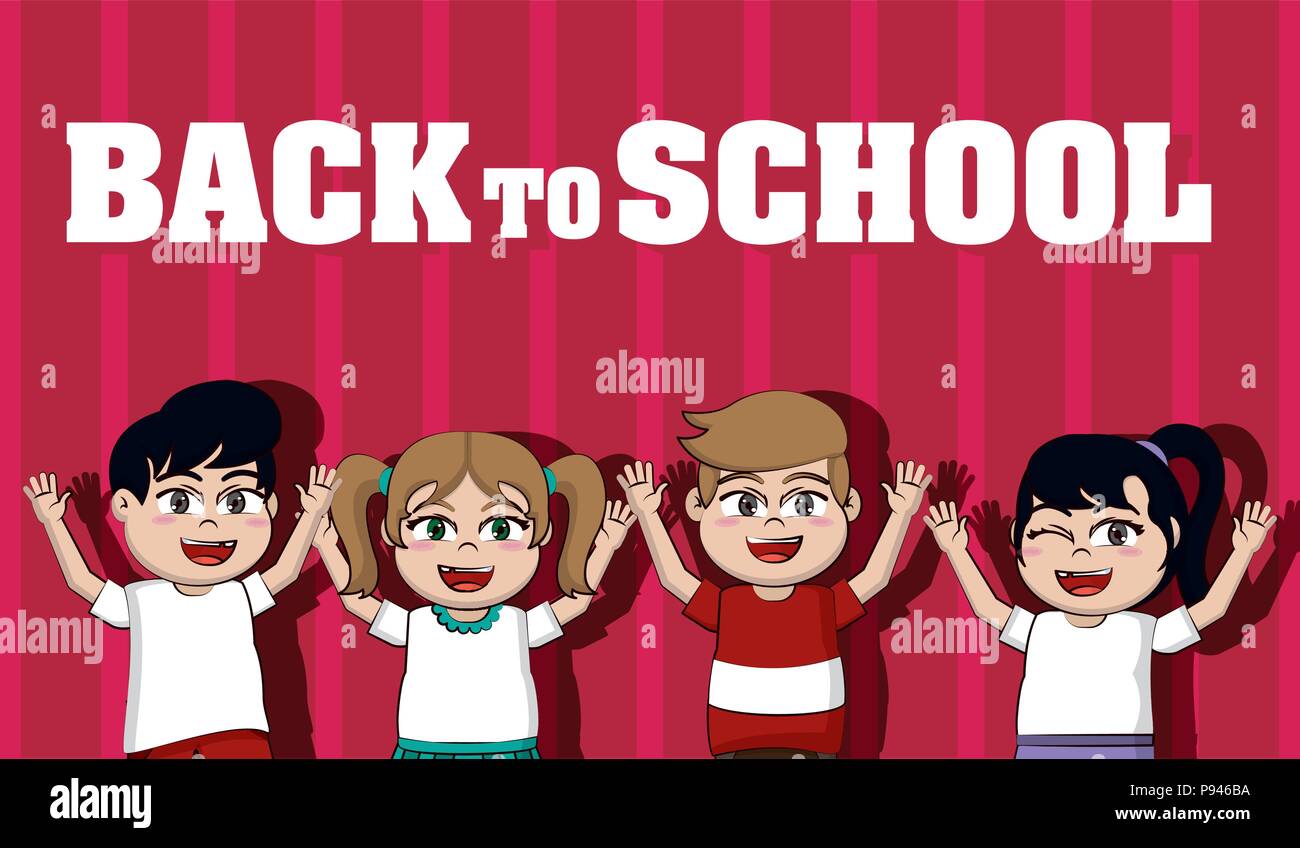 Cute happy kids students cartoons back to school vector illustration ...