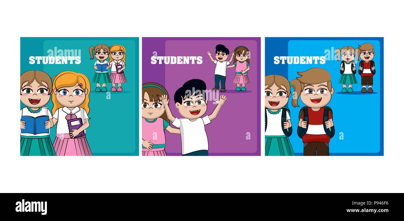 Kids students cartoons set of cards vector illustration graphic design ...