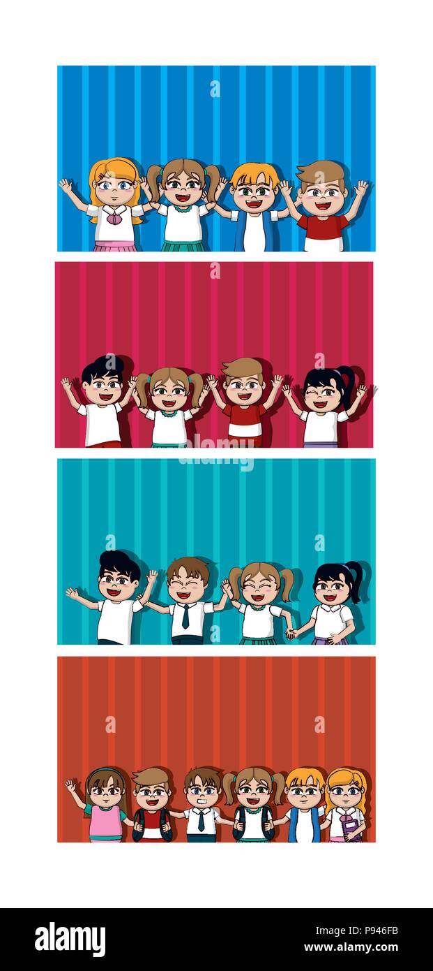 Kids students cartoons set of cards vector illustration graphic design ...