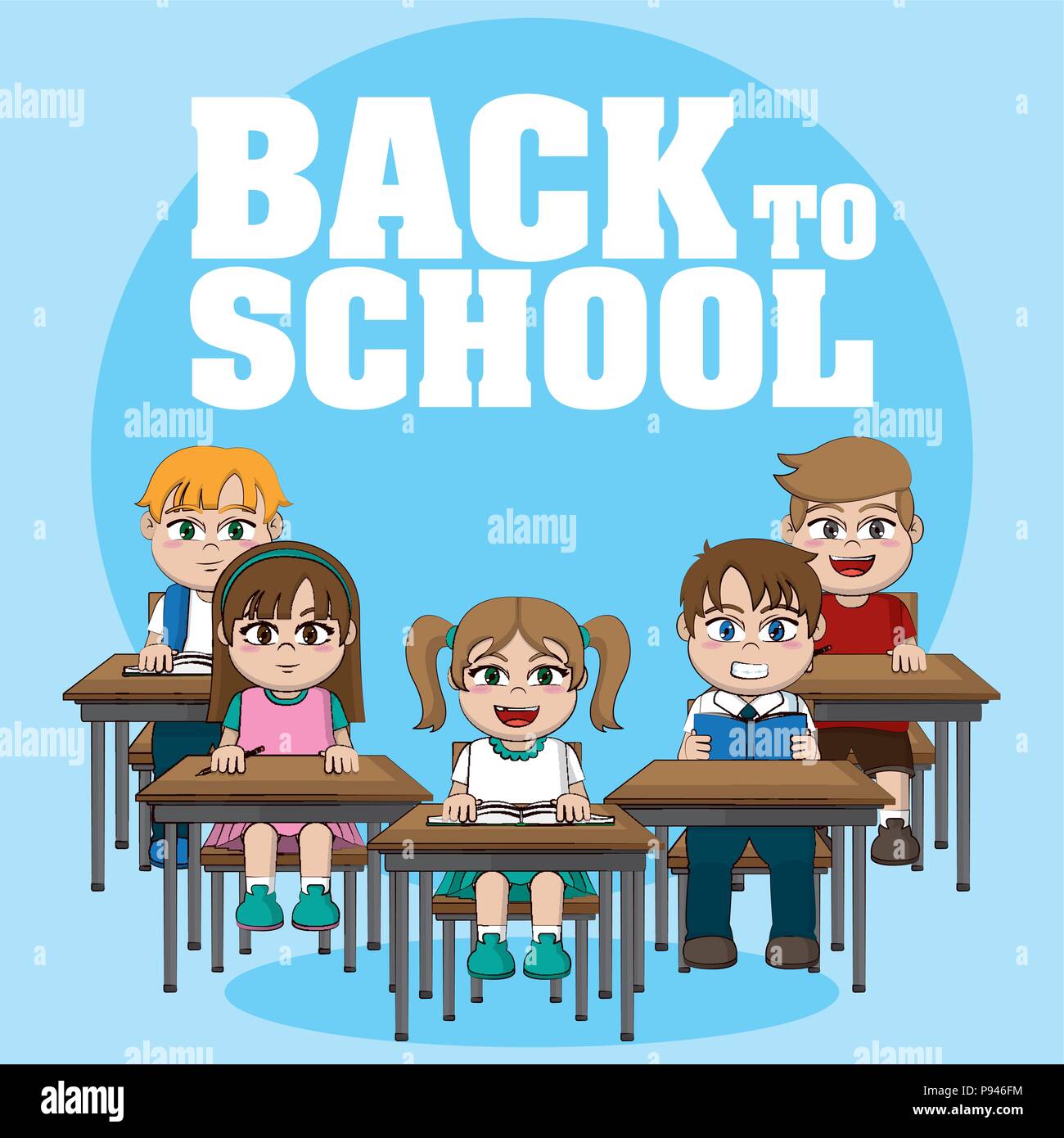 Cute happy kids students cartoons back to school vector illustration ...