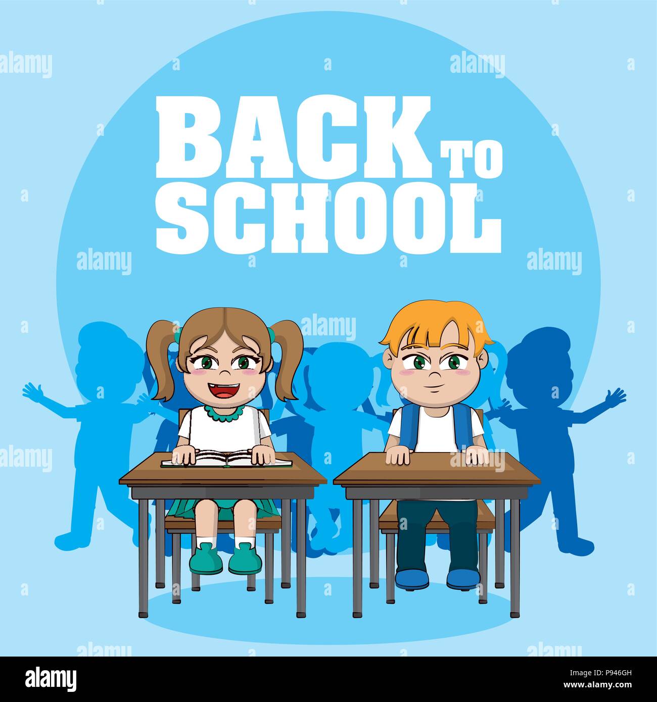 Cute happy kids students cartoons back to school vector illustration ...