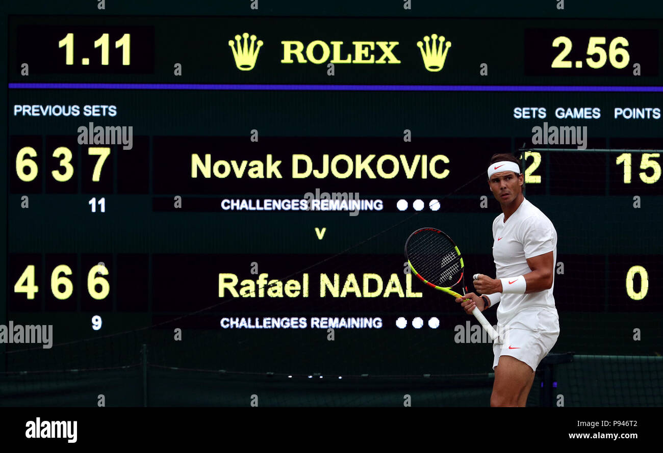 Rafael Nadal in action on day twelve of the Wimbledon Championships at ...