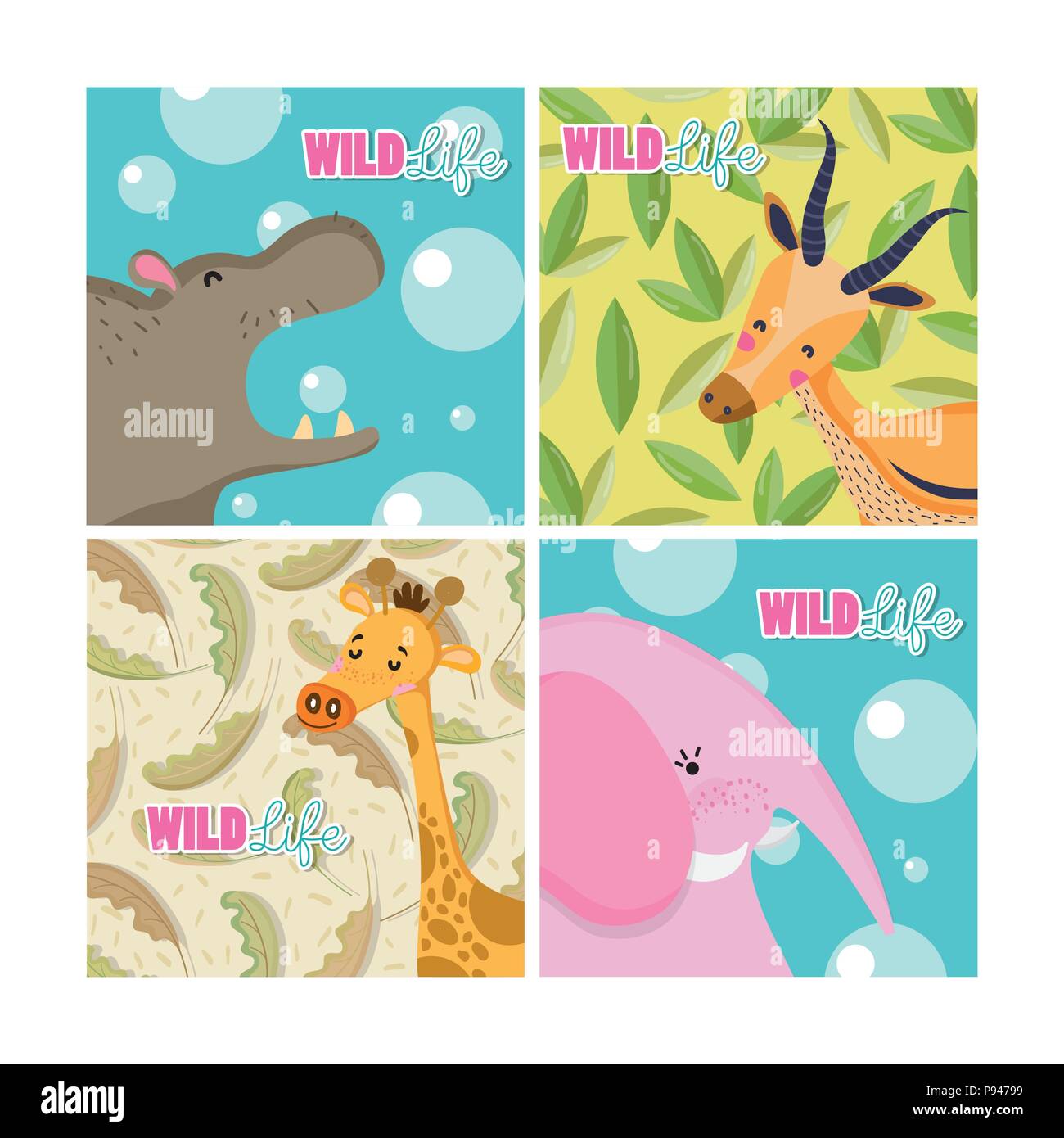 Set of Wildlife cute animals cards vector illustration graphic design ...