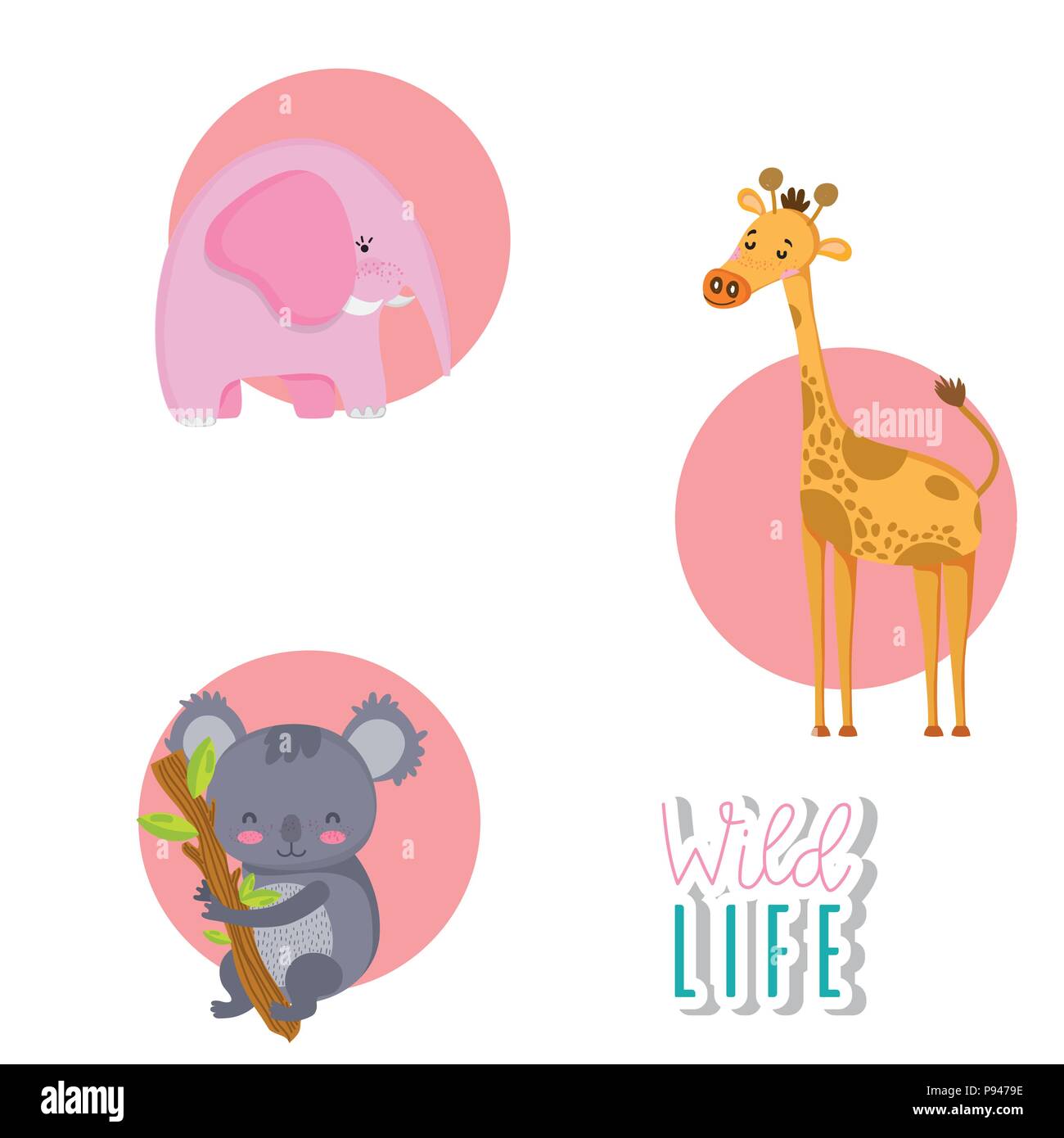 Cute wildlife animals cartoon round icons vector illustration graphic ...