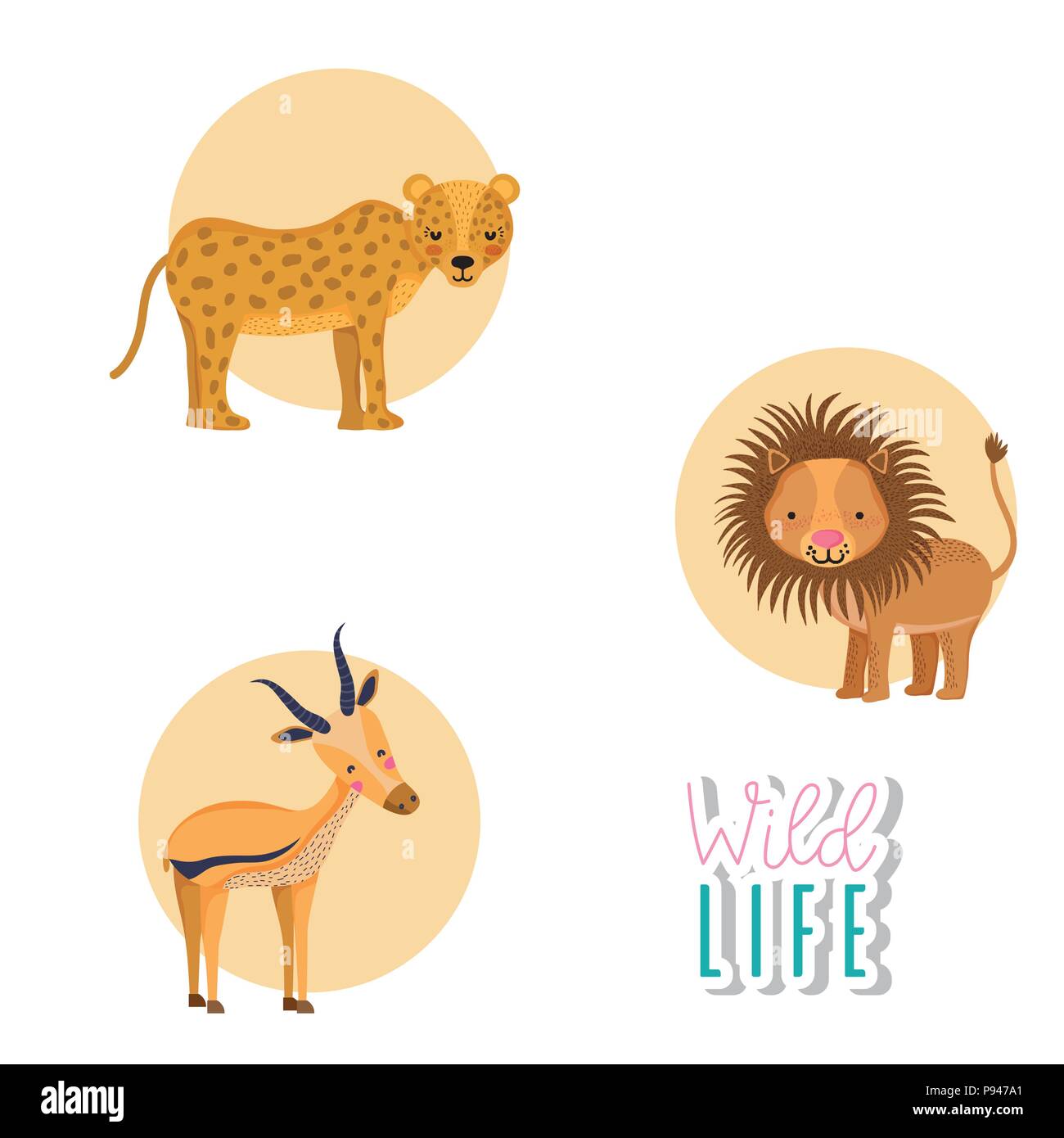 Cute wildlife animals cartoon round icons vector illustration graphic ...