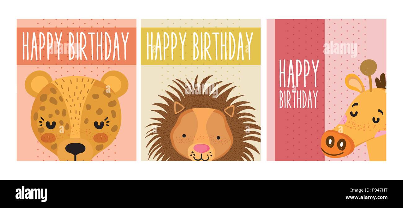 Set of Happy birthday animals cards vector illustration graphic design ...