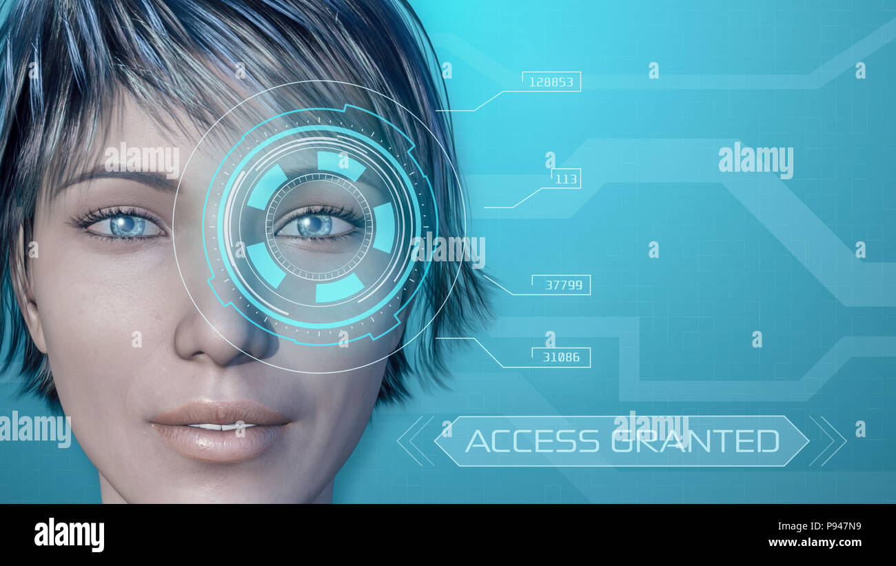 3d model of a girl face, with a futuristic software interface for eye ...