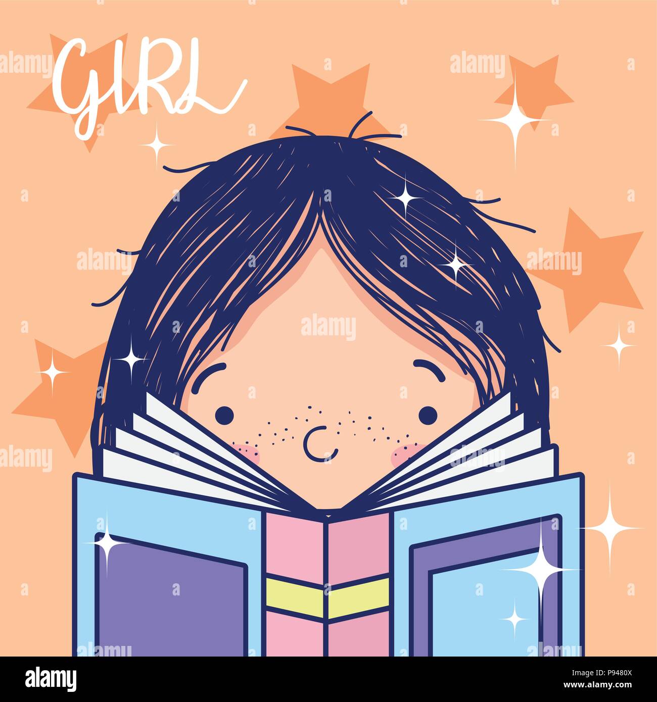 Beautiful girl reading a book cartoon with cute stars vector ...
