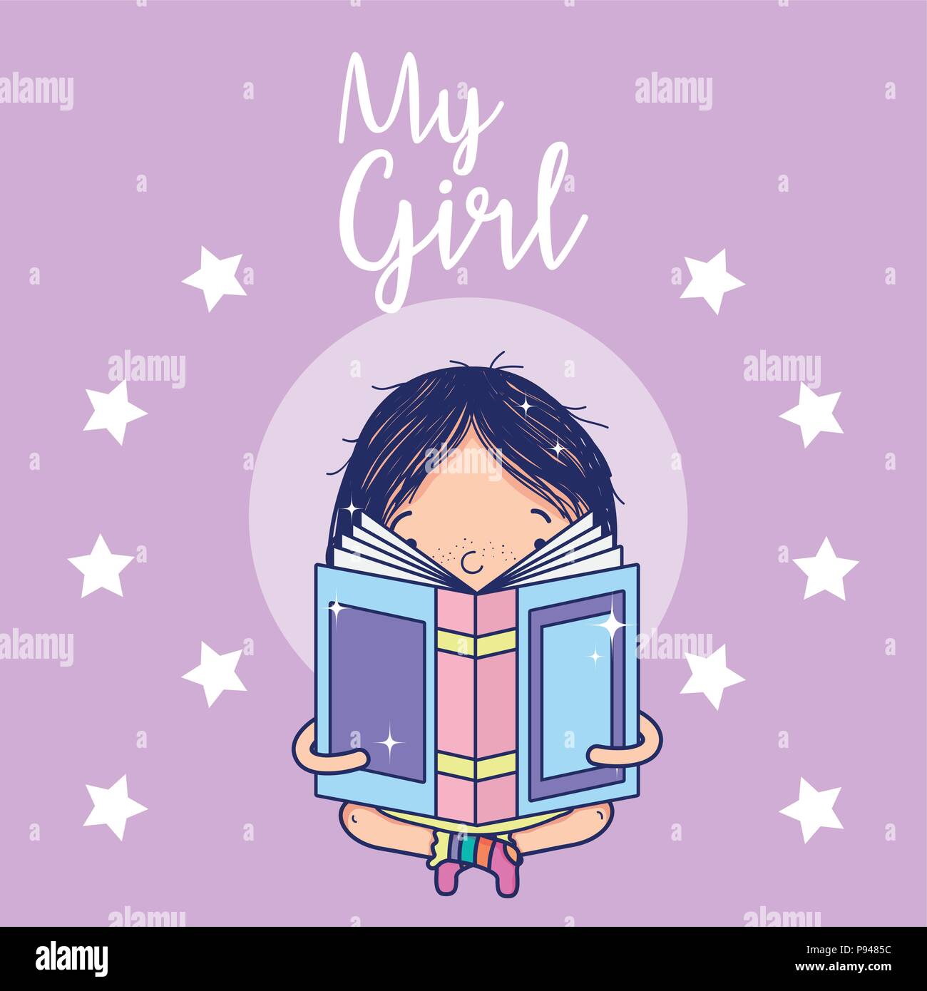 Beautiful girl reading a book cartoon with cute stars vector ...