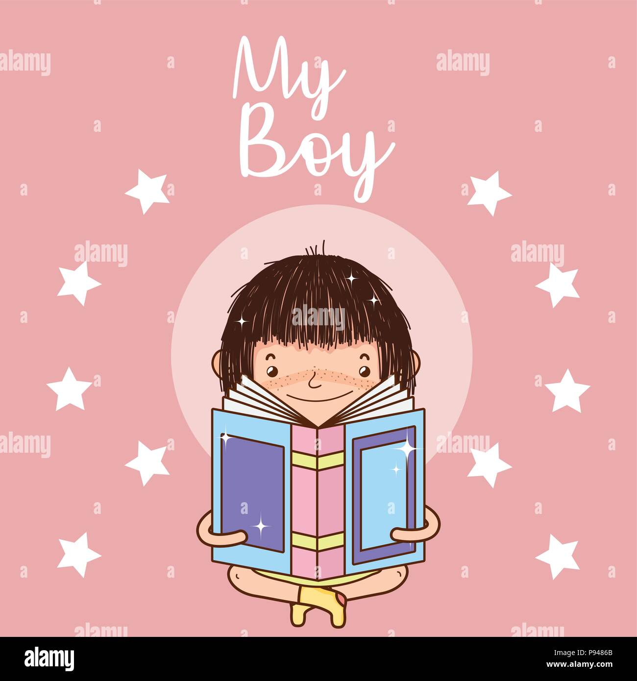 Cute boy reading a book cartoon over blue color background vector ...
