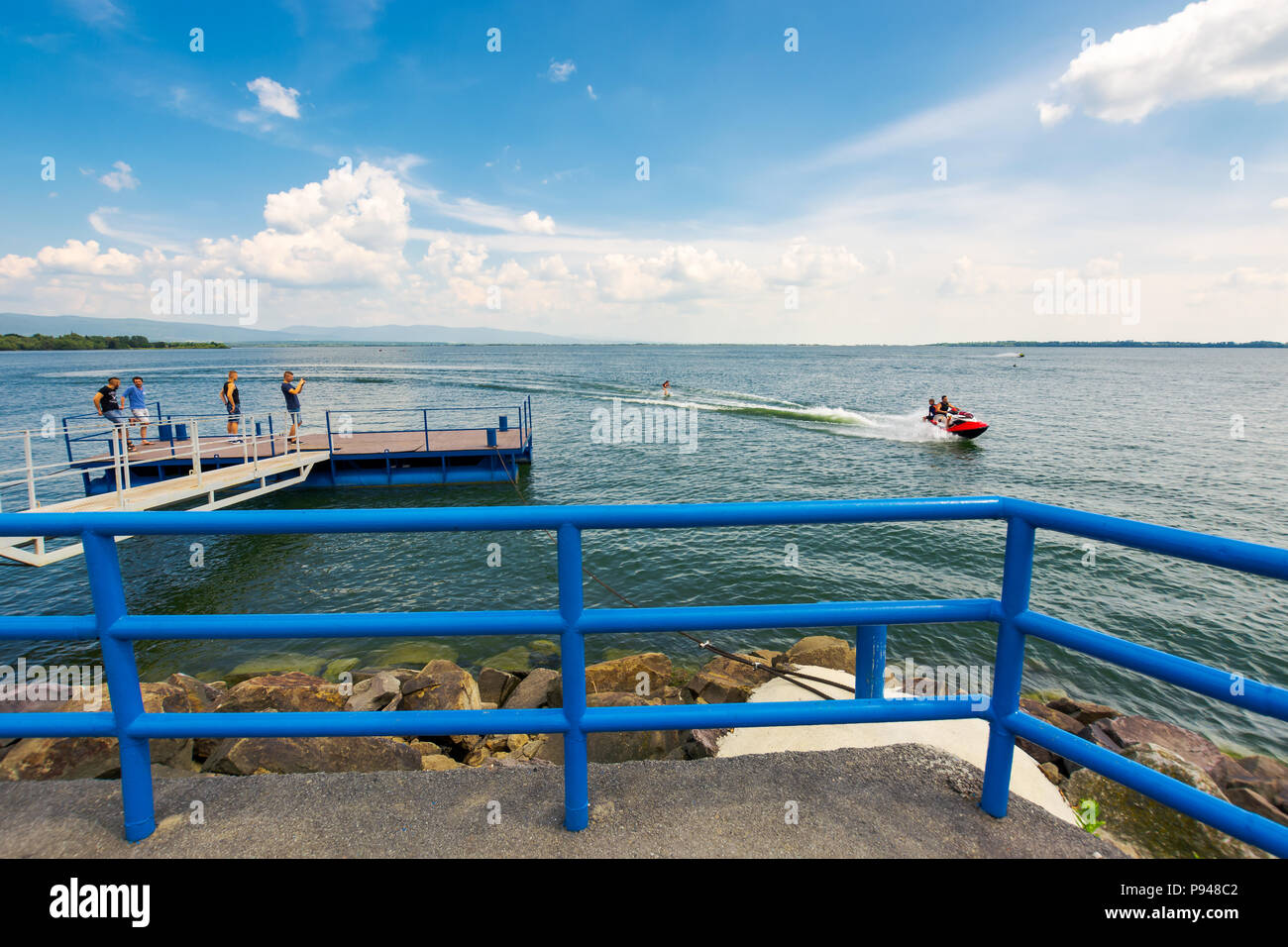 blue pier on Zemplinska Sirava lake, Slovakia. Lovely place for ...