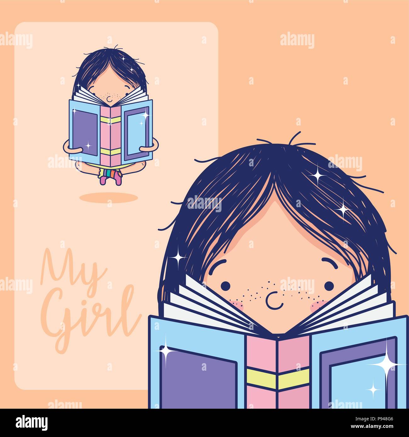Beautiful girl reading a book cute cartoon over pastel color background ...