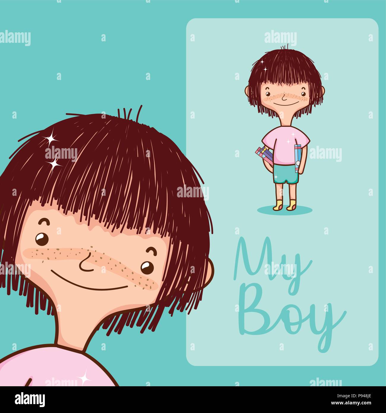 Cute boy smiling cartoon over blue color background vector illustration ...