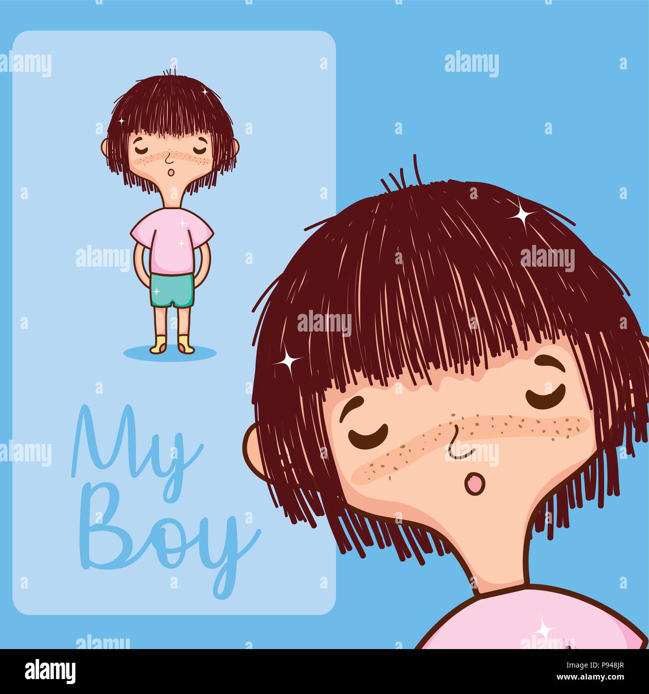 Cute boy smiling cartoon over blue color background vector illustration ...