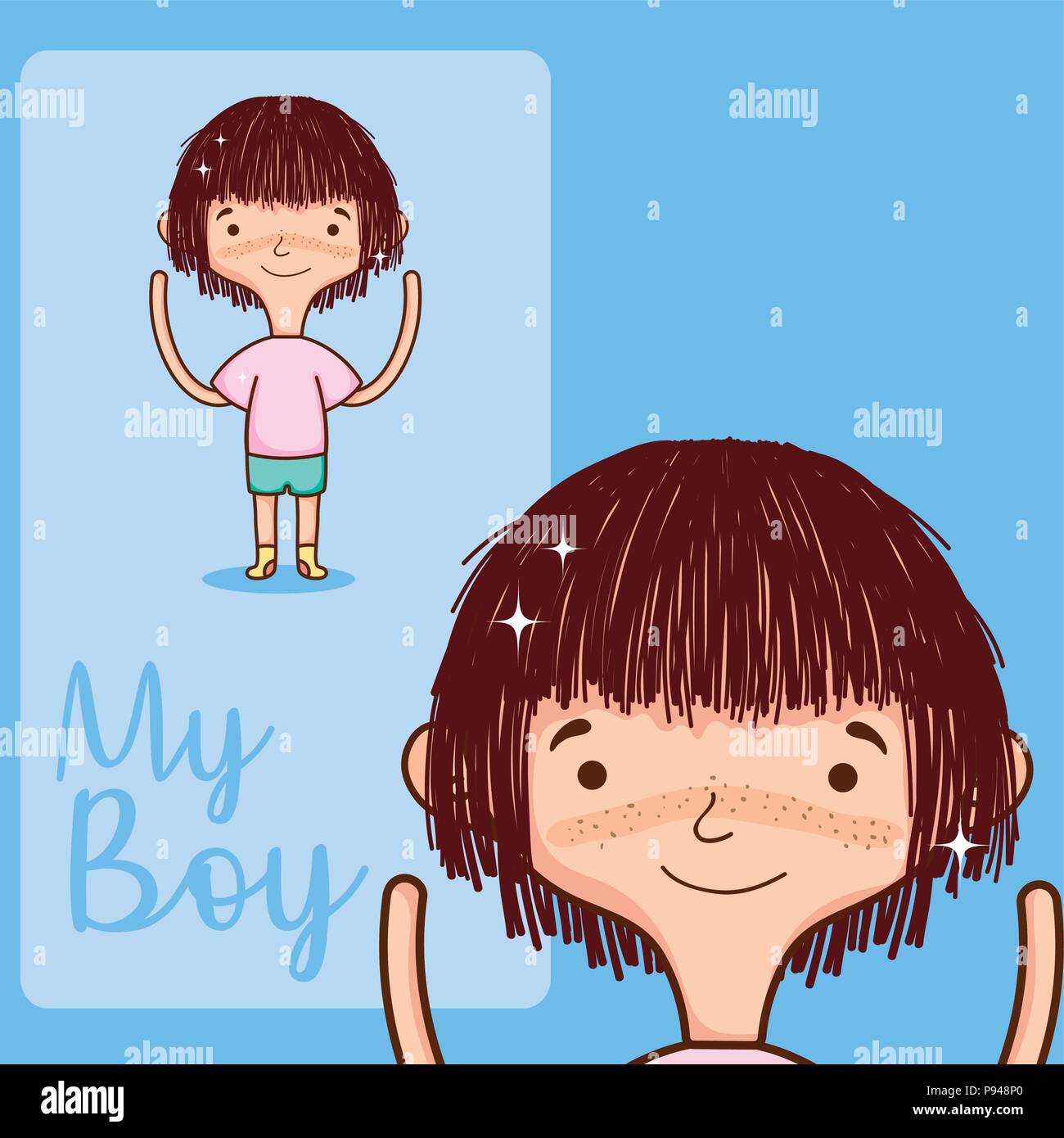 Cute boy smiling cartoon over blue color background vector illustration ...