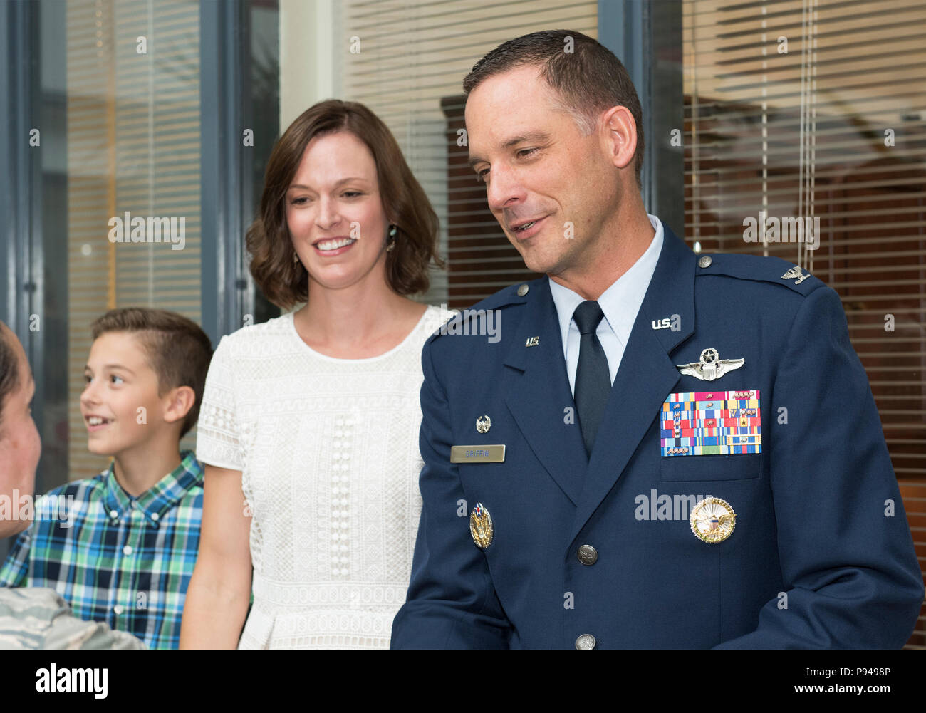 U.S. Air Force Col. Ethan Griffin and his wife Erin are greeted at a ...