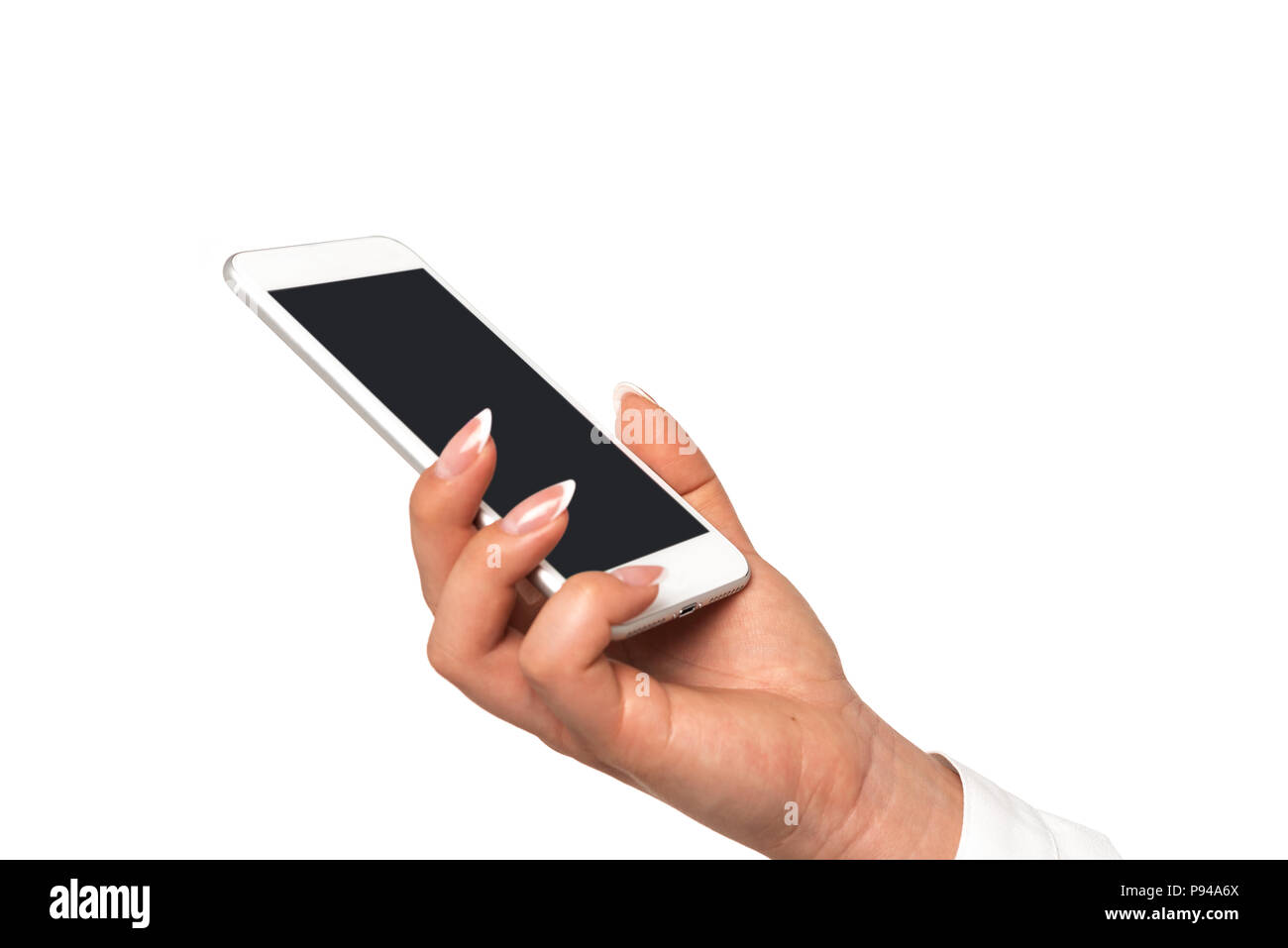 Female hand with perfect fingernails holding smartphone with blank ...