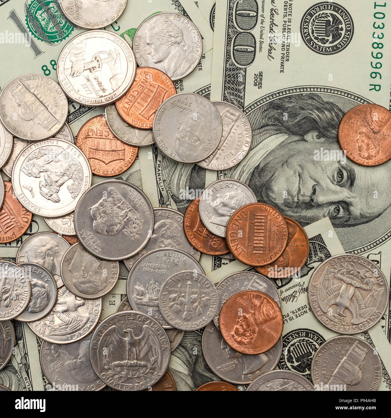 Different U.S. dollars, coins and banknotes of the united States of ...