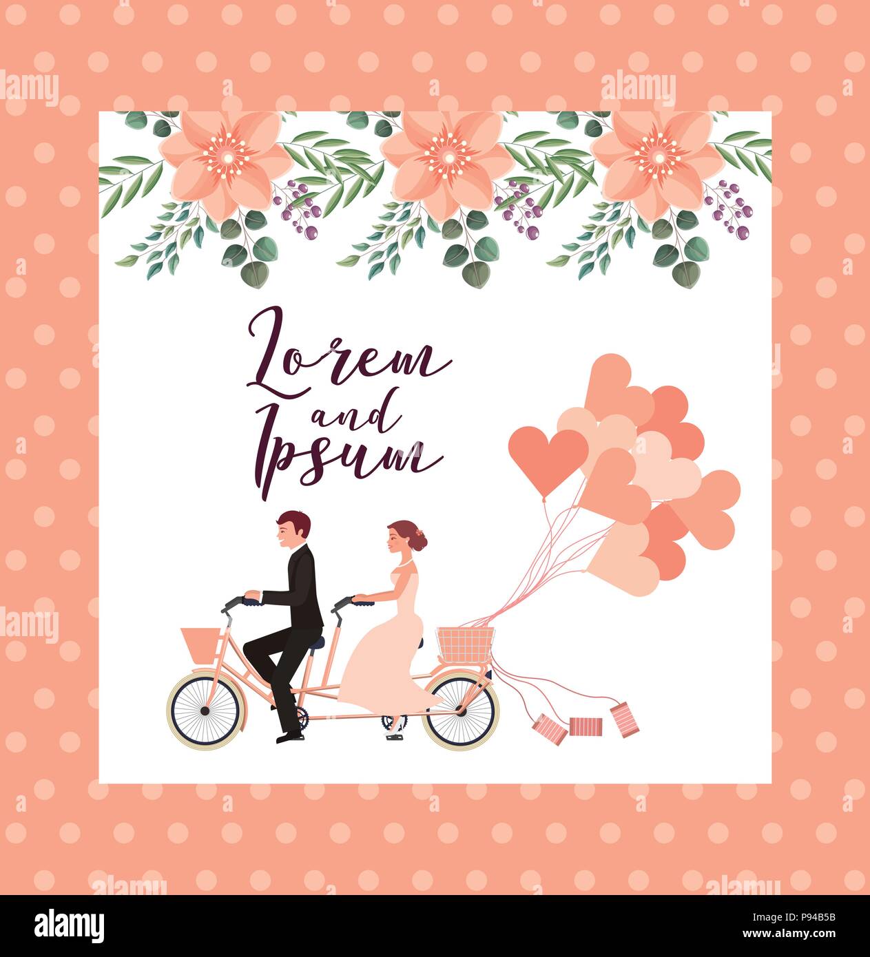 wedding card couple on tandem bicycle flowers with balloons vector ...
