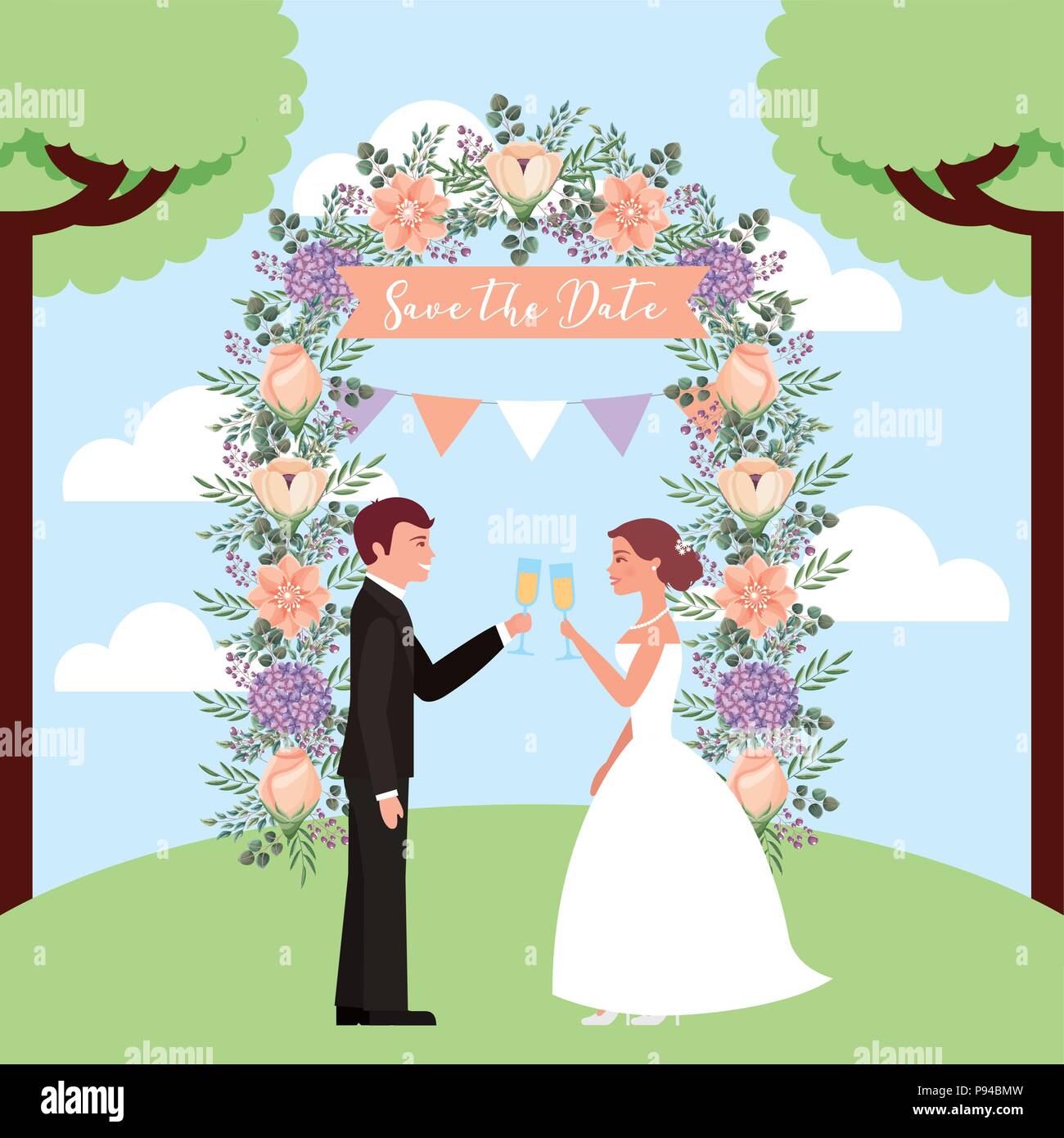 couple toasting wine wedding arch flowers save the date vector ...