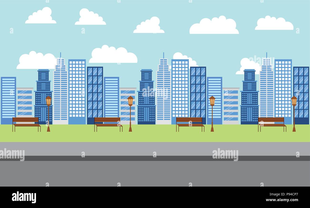 park and city buildings benches lanterns clouds vector illustration ...