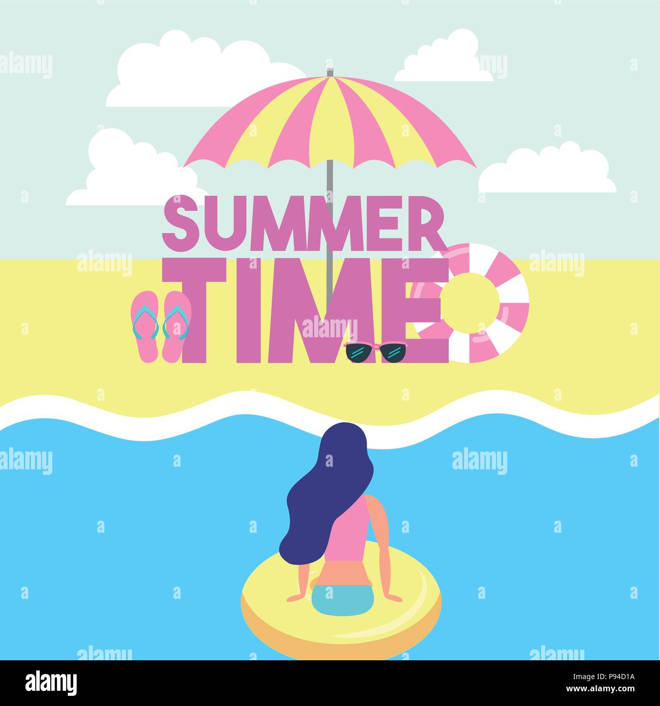 summer time girl giving back sea float umbrella sandals vector ...