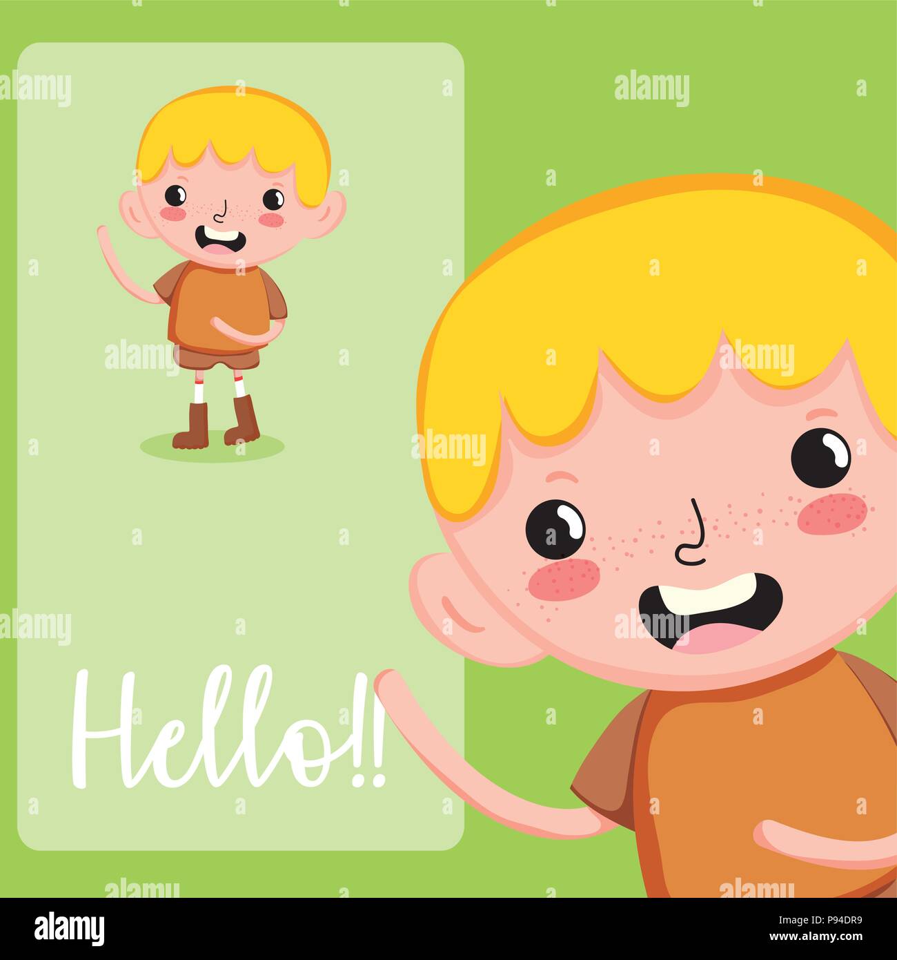 Cute boy cartoon hello card vector illustration graphic design Stock ...