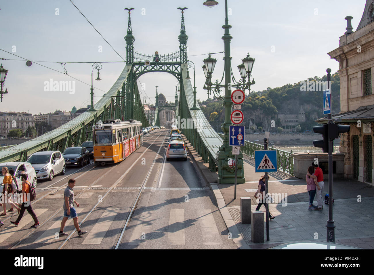 The view of the Freedom Bridge from the Pest side of Budapest with ...