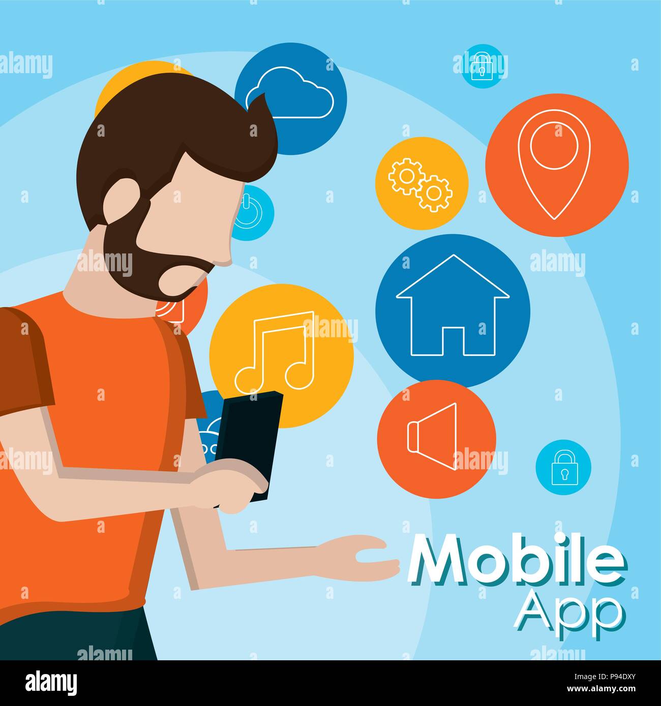 Young man using smartphone mobile apps vector illustration graphic ...