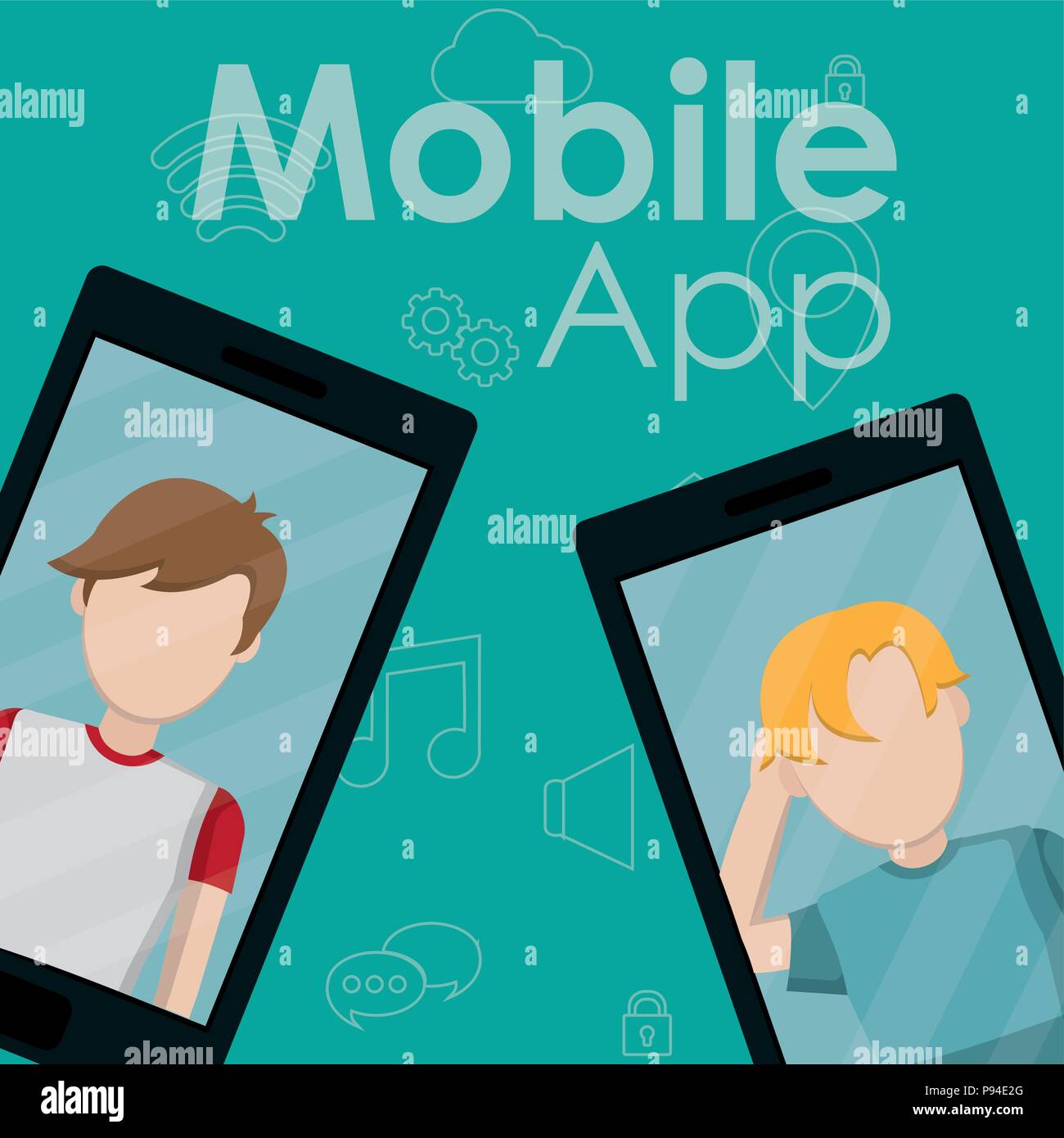 Young mens using smartphones mobile apps vector illustration graphic ...