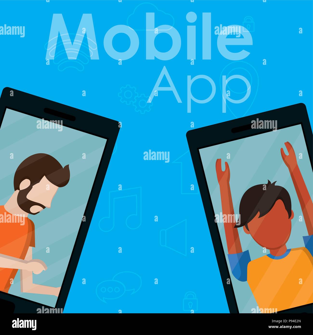 Young mens using smartphones mobile apps vector illustration graphic ...