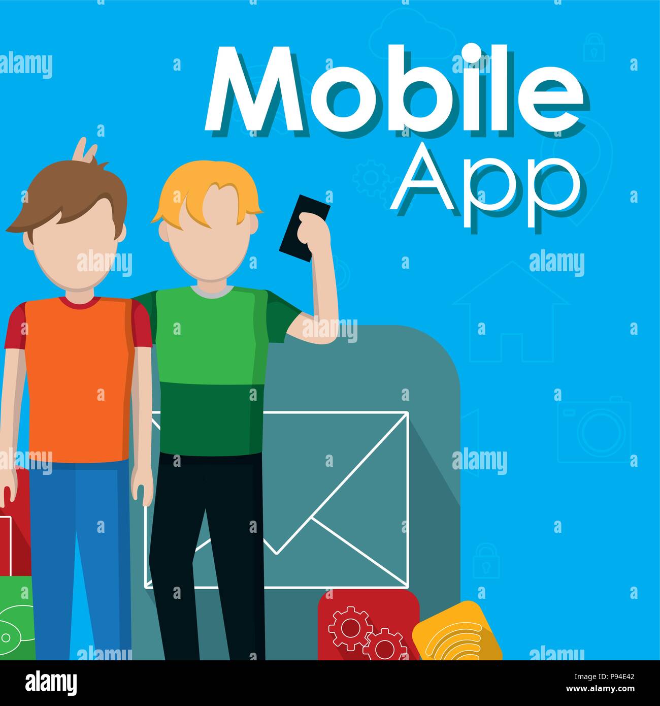 Young mens using smartphone mobile apps vector illustration graphic ...