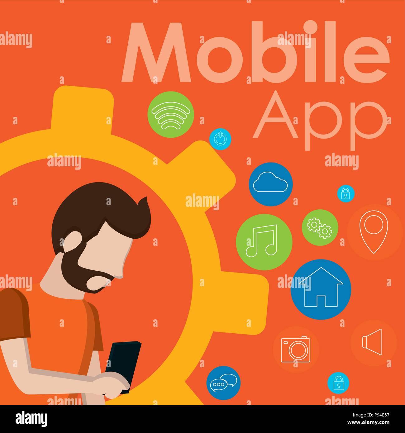 Young man using smartphone mobile apps vector illustration graphic ...