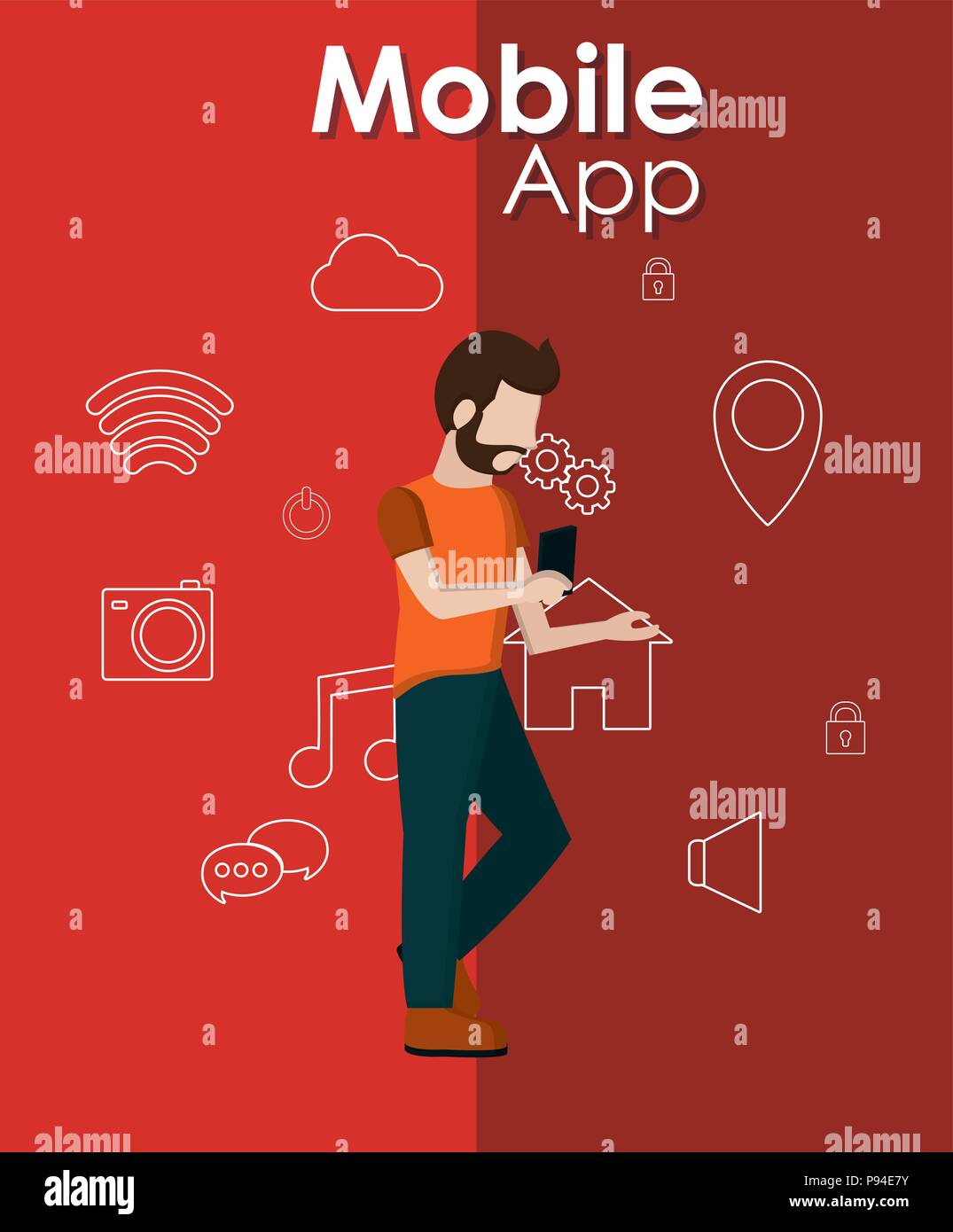 Young man using smartphone mobile apps vector illustration graphic ...
